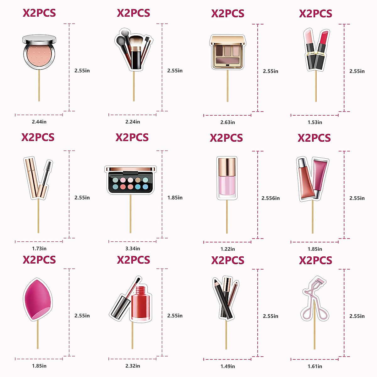 24PCS Makeup Cupcake Toppers - Makeup Cupcake Toppers for Girls Makeup Birthday Party Decorations Cosmetics Cake Toppers Make Up Party Supplies for Bridal Shower Cosmetics Party