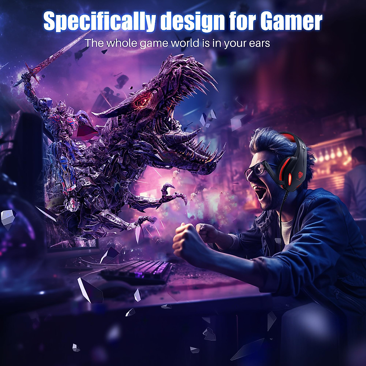 Stynice Gaming Headset for PC, PS4, Xbox One, Laptop, Crystal Clear Surround Sound Computer Gamer Headset with Noise Canceling Mic and LED Light - Lightweight and Comfortable Gaming Headphone