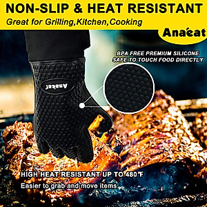 Anaeat Heat Resistant BBQ Grill Gloves, Meat Shredder Claws and Silicone Basting Brush BBQ Accessories Set - Waterproof Non-Slip Smoker Gloves for Indoor & Outdoor Grilling, Barbecue, Cooking (Black)