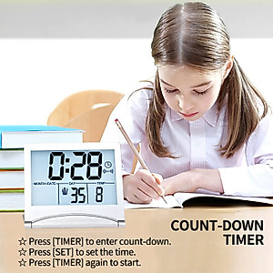Betus Digital Travel Alarm Clock with White Backlight - Foldable Calendar Temperature Timer LCD Clock with Snooze Mode - Large Number Display, Battery Operated - Compact Desk Clock for All Ages