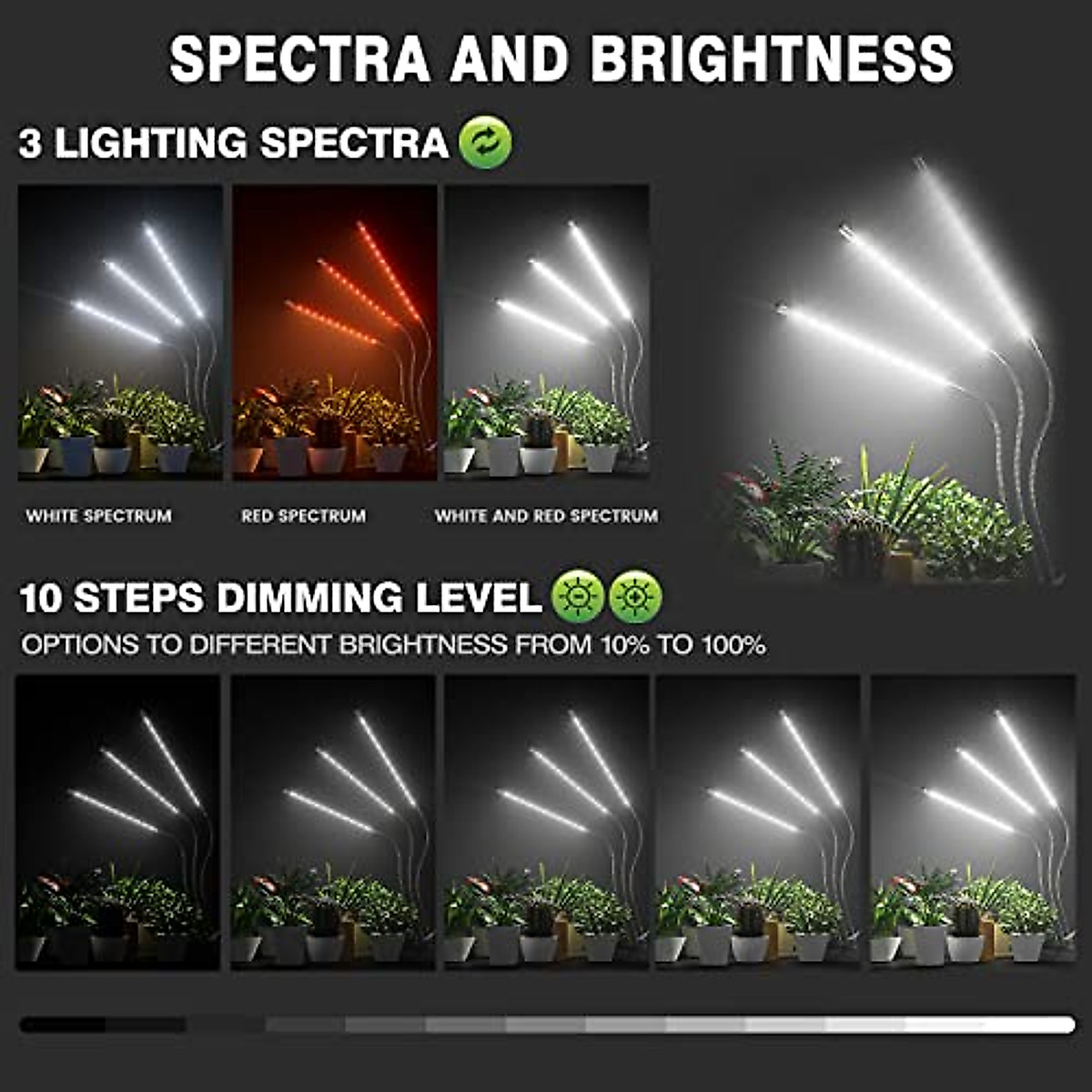 BAEDAOD Grow Lights for Indoor Plants, 6000K 135 LEDs Grow Light for Seed Starting with Full Spectrum, Clip Plant Lights with Flexible Gooseneck，3/9/12H Timer, 10 Dimmable Levels, 3 Switch Modes