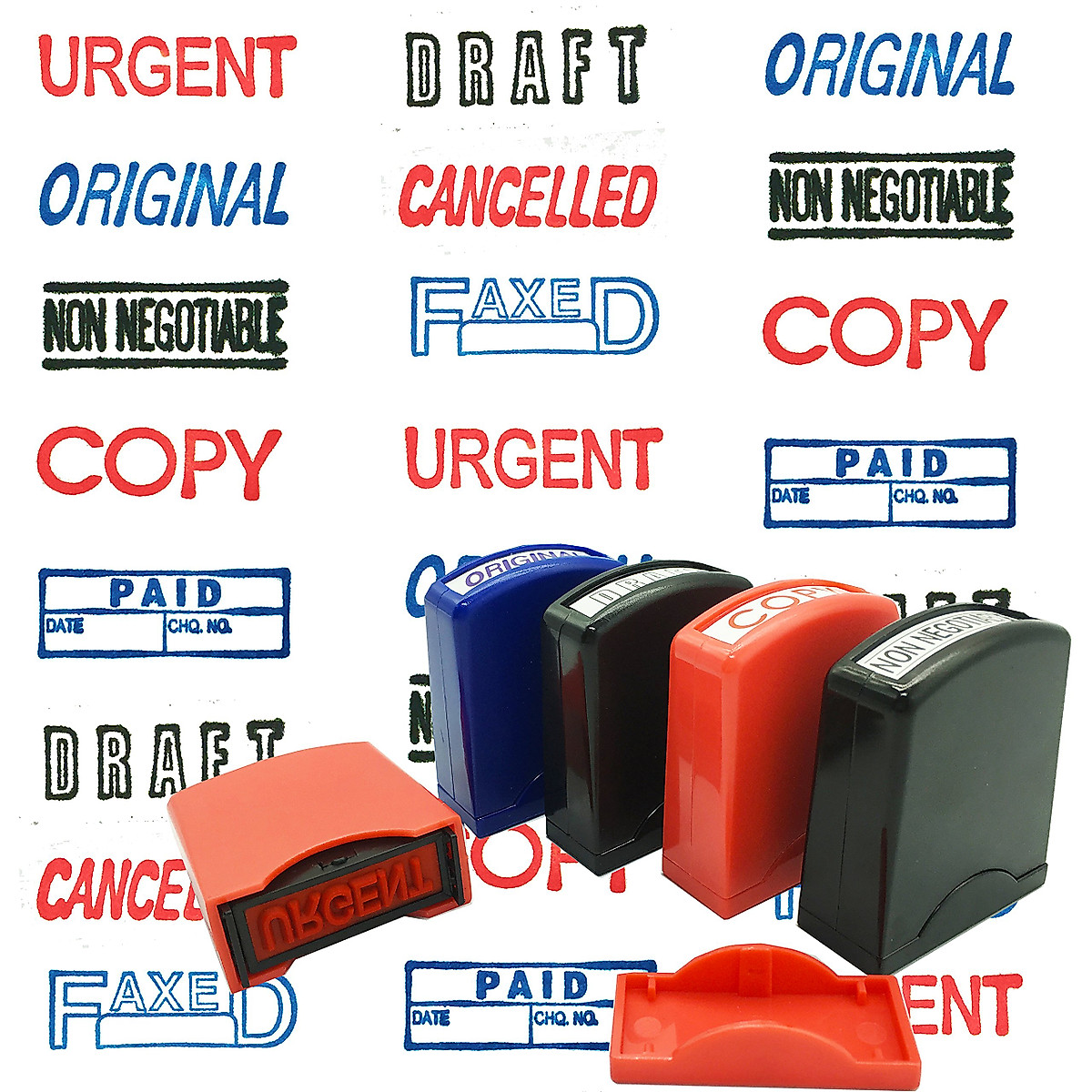 Reliancer Set of 8 Self Inking Pre-inked Office Stamp 8 Message Account Stamp Office Stationary Stamper Business Paper Work Text Stamps w/Tray RedBlueBlack Ink