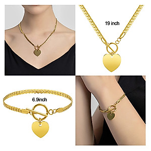 CLASSYZINT Heart Pendant Necklace and Bracelet Heart Hoop Dangle Earrings 14k Gold Plated Stainless Steel Gold Jewelry Set for Women
