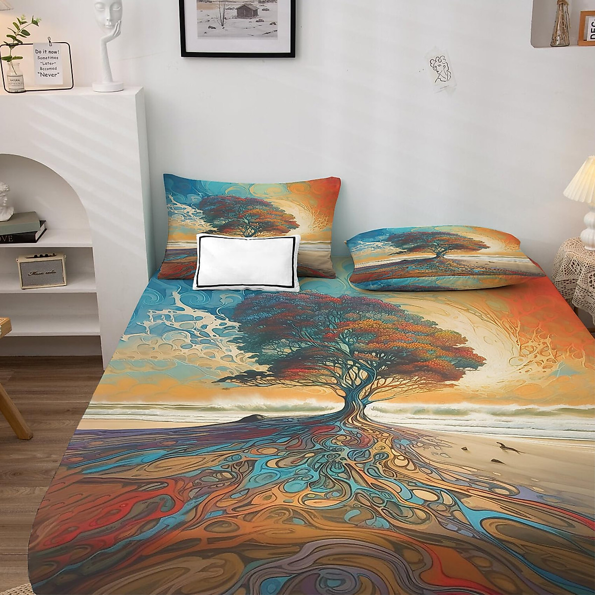 Tree of Life Sheets Full Size, Sun Bed Sheets, Patterned Bedding Sheets & Pillowcases 4 Piece Set - Soft Microfiber Deep Pocket Fitted Sheet & Flat Sheet & 2 Pillow Cases A3-&-198