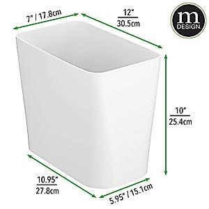 mDesign Plastic Small 3-Gallon Wastebasket, Trashcan Container Bin - for Bathroom, Bedroom, Kitchen, Home Office, Laundry Room - Holds Trash, Garbage, Waste - White