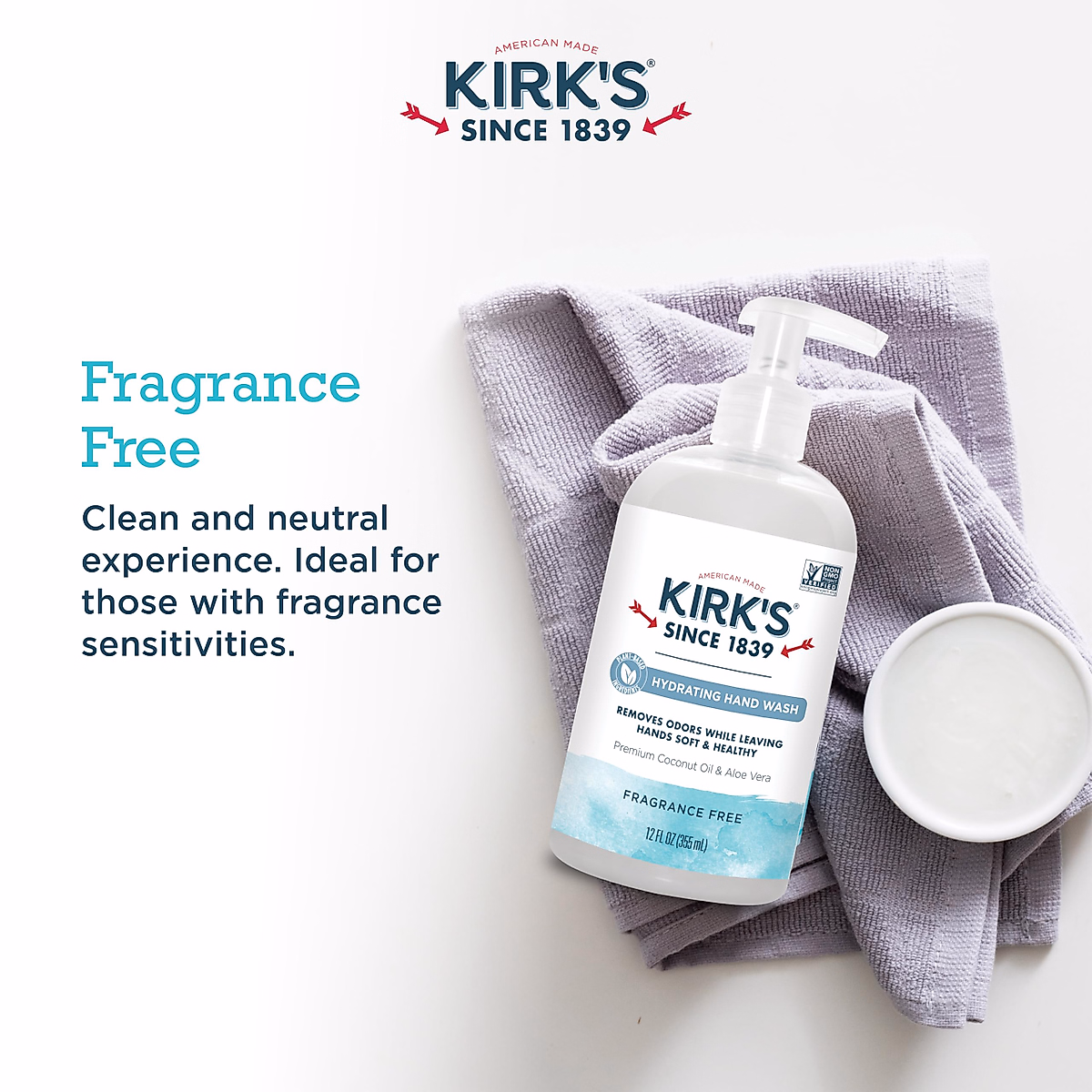 Kirk's Hydrating Hand Wash - Made with Premium Coconut Oil and Aloe Vera, With Plant Based Technology To Help Eliminate Odors, Non GMO, Vegan, Fragrance Free, 12 Fl Oz. 4 pack