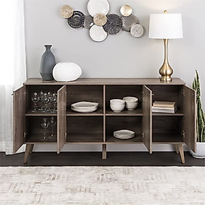 Prepac Milo Mid-Century 4 Door Buffet, 16" D x 64" W x 32" H, Drifted Gray