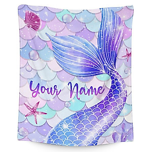 Custom Kids Blanket for Girls with Name, Gift for Mermaids Lovers, 60 x 50 Inches Mermaid Blanket for Kids, Warm Flannel Throw Mermaid Tail Blanket, Soft Glitter Throws for Bed, Couch Office Travel