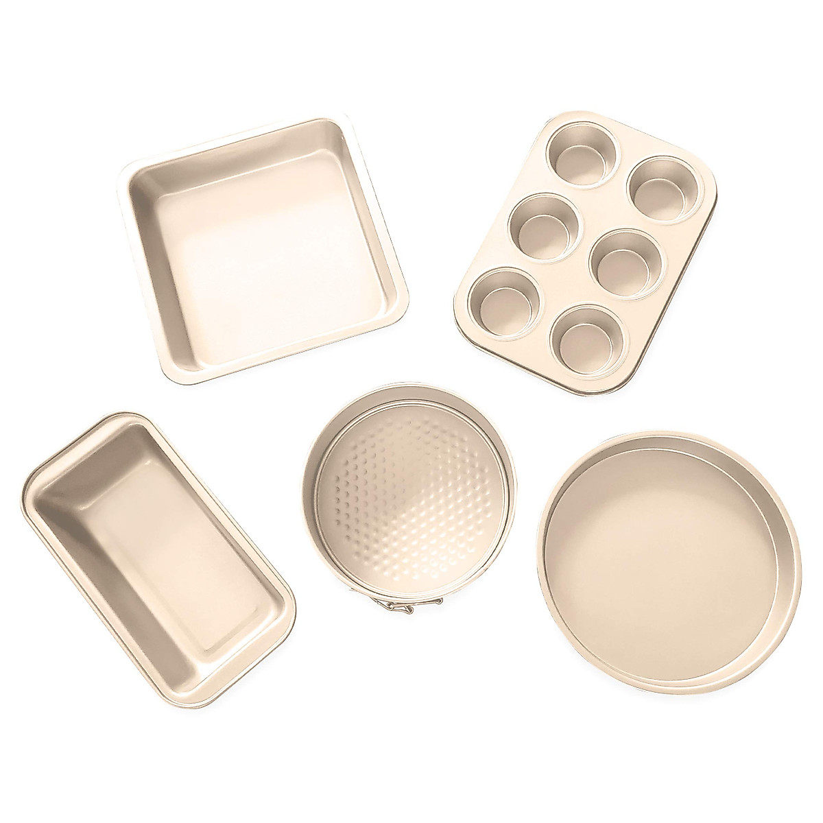 Two Moles Bakeware 5 Pcs Set. Includes Springform Cake Pan (6.25''), Muffin Pan, Square(Cookie Sheets), Rectangle Loaf Pan & 8'' Round Personal Pizza Pan