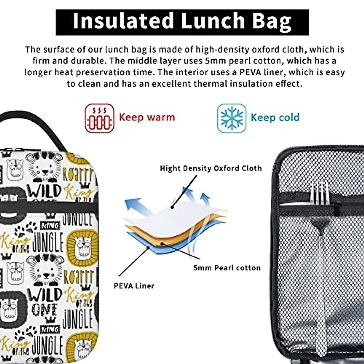 Juoritu Wild King Lion Insulated Lunch Bag, Lunch Box for Women and Men, Meal Tote Bag for Office Travel