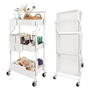 3-Tier Folding Rolling Utility Cart with Wheels, Foldable Storage Cart Organizer with 3 Hanging Cups & 6 Hooks for Kitchen, Office, Living Room, Nursery(White)
