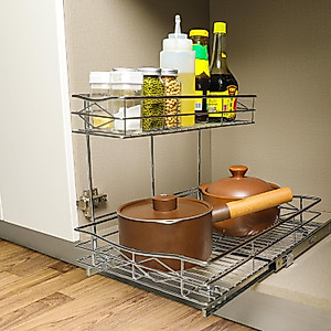 TQVAI Pull Out Cabinet Organizer, 2 Tier Under Sink Storage Shelf with Sliding Drawer, Wire Kitchen Slide Out Basket - 11.75W x 17D x 13.25H, Request at Least 12.5 Inch Cabinet Opening
