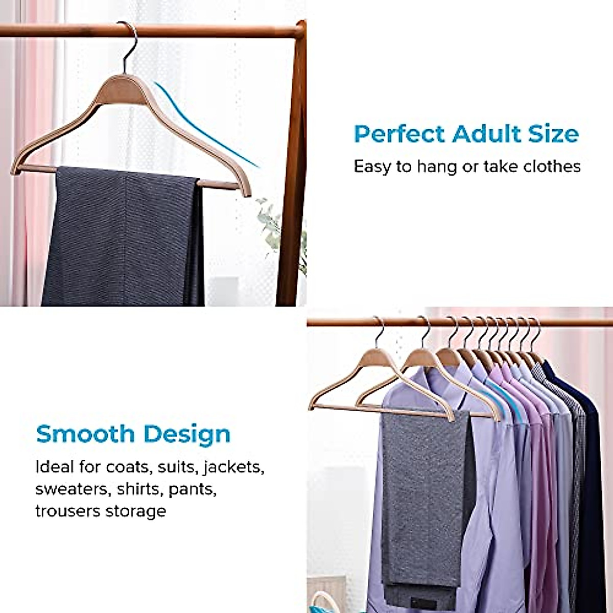 JS HANGER Wooden Coat Hangers, 10 Pack Light Weight Wood Coat/Suit Hangers with Non-Slip Pant Bar, Natural Finish