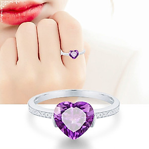 Dsnyu 18K 750 White Gold Promise Rings for Her, Silver Women's Rings Jewelry, Heart Shape 1.68ct Amethyst Ring Natural Fine Jewelry Gifts for Her Size 8