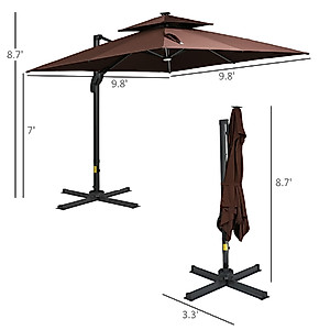 Outsunny 10FT Cantilever Patio Umbrella with Solar LED Lights, Double Top Square Outdoor Offset Umbrella with 360° Rotation, 4-Position Tilt, Crank & Cross Base for Garden, Deck, Pool, Brown