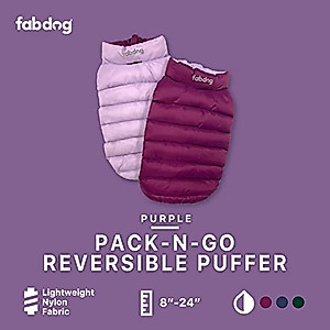 fabdog Dog Puffer Coat - Reversible Pack N Go Dog Coats for All Breeds - Comfy & Colorful Dog Jackets are Ideal Gifts - Clothes Fit Necks 22" | Purple Combo