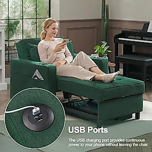 DURASPACE 39 Inch Sleeper Chair 3-in-1 Convertible Chair Bed Pull Out Sleeper Chair Beds Adjustable Single Armchair Sofa Bed with USB Ports, Side Pocket, Cup Holder (Forest Green Linen)