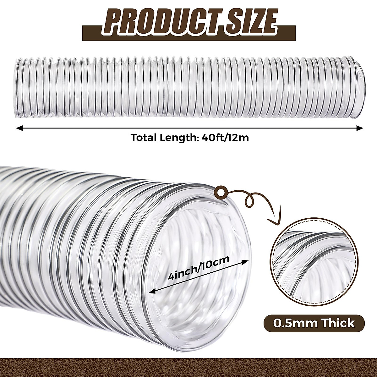 Therwen 4" x 40' Flexible PVC Dust Collection Hose, Heavy Duty Dust Debris and Fume Collection Hose, Puncture Resistant Clear Vacuum Hoses for Dust Collection Systems
