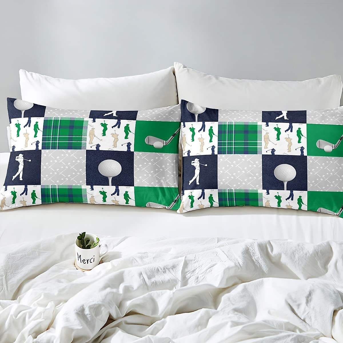 Castle Fairy Golf Plaid Bedding Set King Size for Woman Men,Green Buffalo Grid Geometric Comforter Cover with 2 Pillowcases,Ball Sports Lover Style Duvet Cover Set Microfiber Quilt Cover