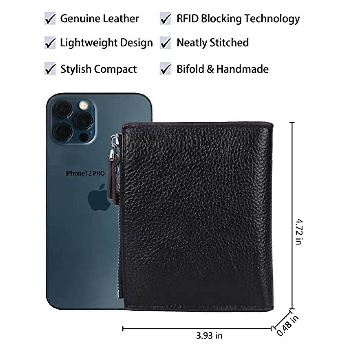 AINIMOER Women's RFID Blocking Leather Small Compact Bi-fold Zipper Pocket Wallet Card Case Purse with id Window (Lichee Black)