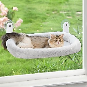 Zoratoo Cat Window Perch, Cordless Cat Hammock Window Seat with Cozy Pad Bed Cover for Indoor Cats, Durable Metal Frame Support Cat Bed with 4 Suction Cups for Large Cats (Cushion Pad Bed - Grey)