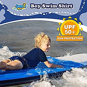 Boys Rash Guard Short Sleeve, Navy Blue UPF 50+ Sun Protection Rashguard Slim Fit Swim Shirt Fishing Surf Quick Dry Cool Beach Clothes for Toddler Youth Kids Size 7-8 Years