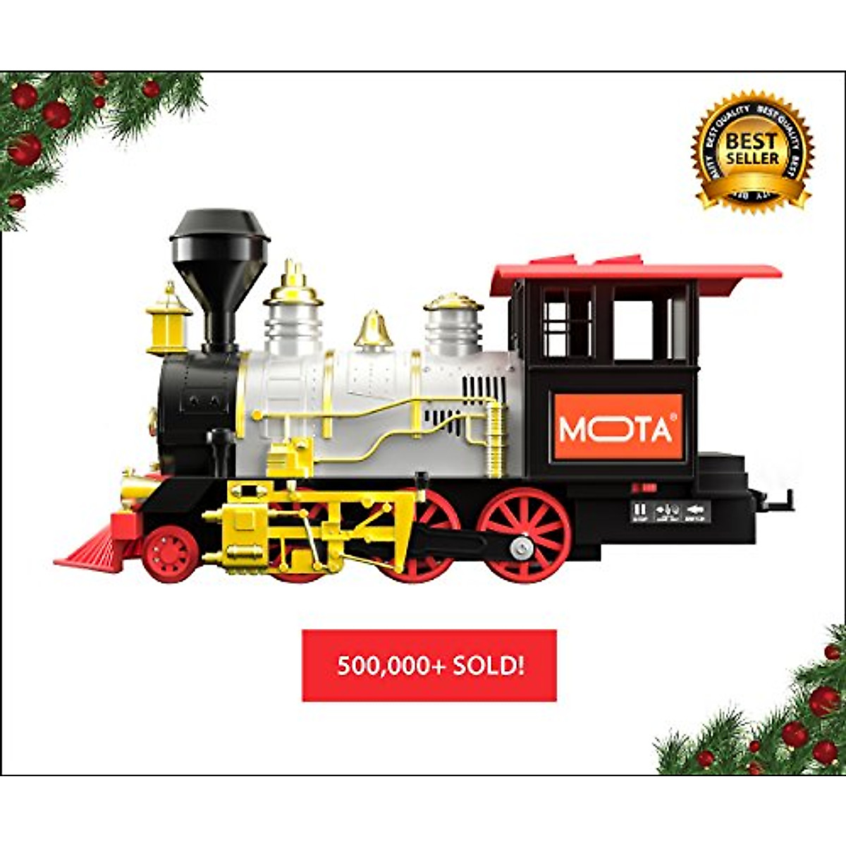 MOTA Classic Holiday Christmas Train Set with Real Smoke - Authentic Lights, and Sounds - A Full Set with Locomotive Engine, Cargo Cars, Tracks and Christmas Spirit