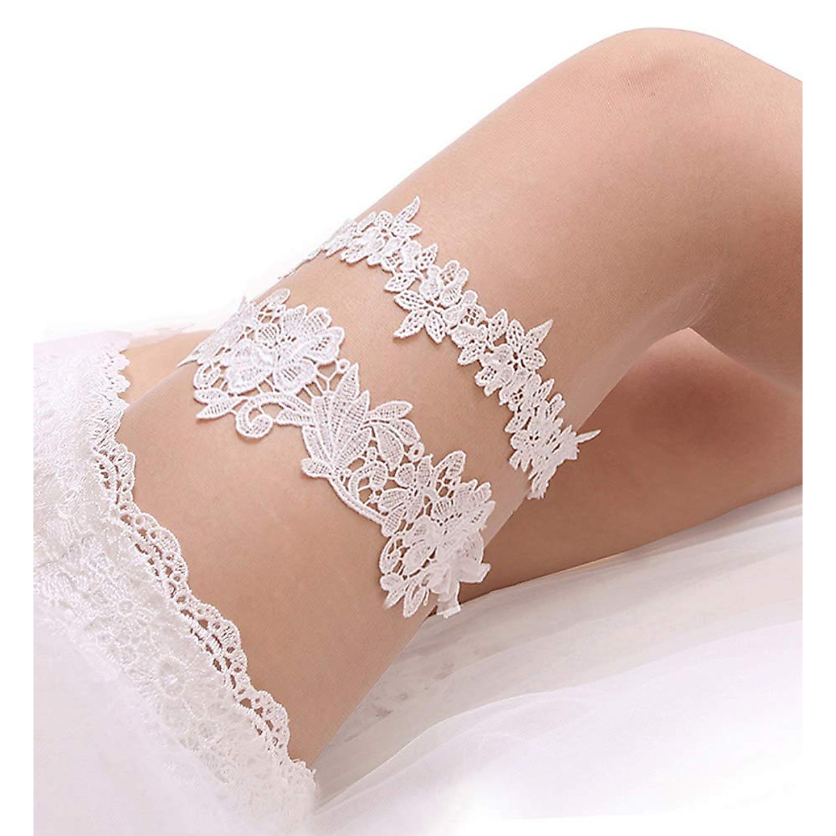 GARGALA Wedding Garters for Bride Bridal Lace Garters Set White Garter Size Optional (S)