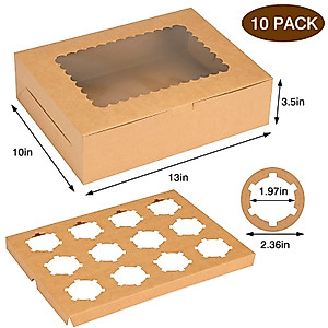 Moretoes 12 Count x 10 Sets Cupcake Carrier Boxes, 13 x 10 x 3.5 Inches, Brown Cupcake Containers Kraft Bakery Carrier Boxes with Windows and Inserts to Hold Cupcakes, Muffins and Pastries