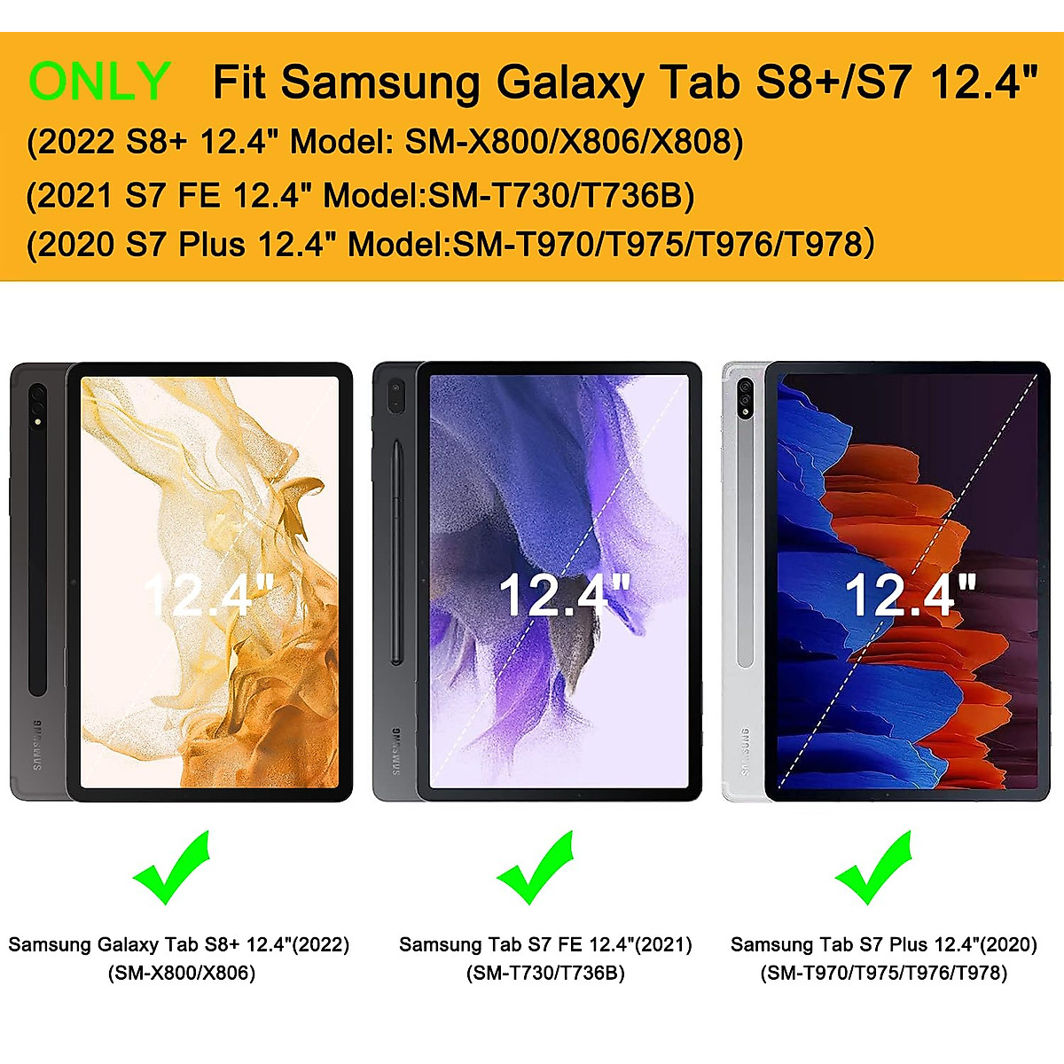 Soke Galaxy Tab S8+/S7 FE/S7 Plus Case with S Pen Holder [SM-X800/X806/T730/T736B/T970/T975] - Shockproof Stand Folio Case for Samsung Tab S8+ 2022/S7 FE 2021/S7 Plus 2020 12.4" Tablet,Black