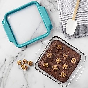 Anchor Hocking Glass Baking Dishes for Oven, 8 Inch Square Glass Cake Pan with TrueFit Teal Lid