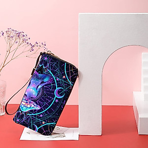 Women's Clutch Wallet Bag,Psychedelic Magic Mushrooms over Sacred Geometry Long Leather Wallets with Wristlet Strap Zipper Around Credit Card Holder GIft-TPU Durable Shockproof Lightweight Waterproof