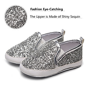 HONGTEYA Baby Shoes Baby Boys Girls Sequins Crib Shoes Baby Moccasins Toddler Leather Caual Sneakers Infant Glitter Shoes - Soft Sole for 0-18 Months Babies First Walking Silver