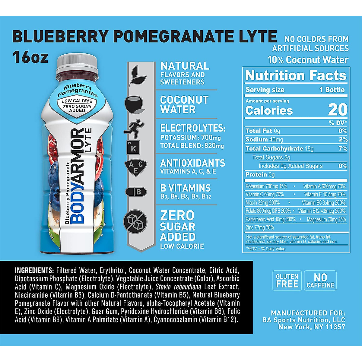 BODYARMOR LYTE Sports Drink Low-Calorie Sports Beverage, Blueberry Pomegranate, Coconut Water Hydration, Natural Flavors With Vitamins, Potassium-Packed Electrolytes, Perfect For Athletes, 16 Fl Oz (Pack of 12)