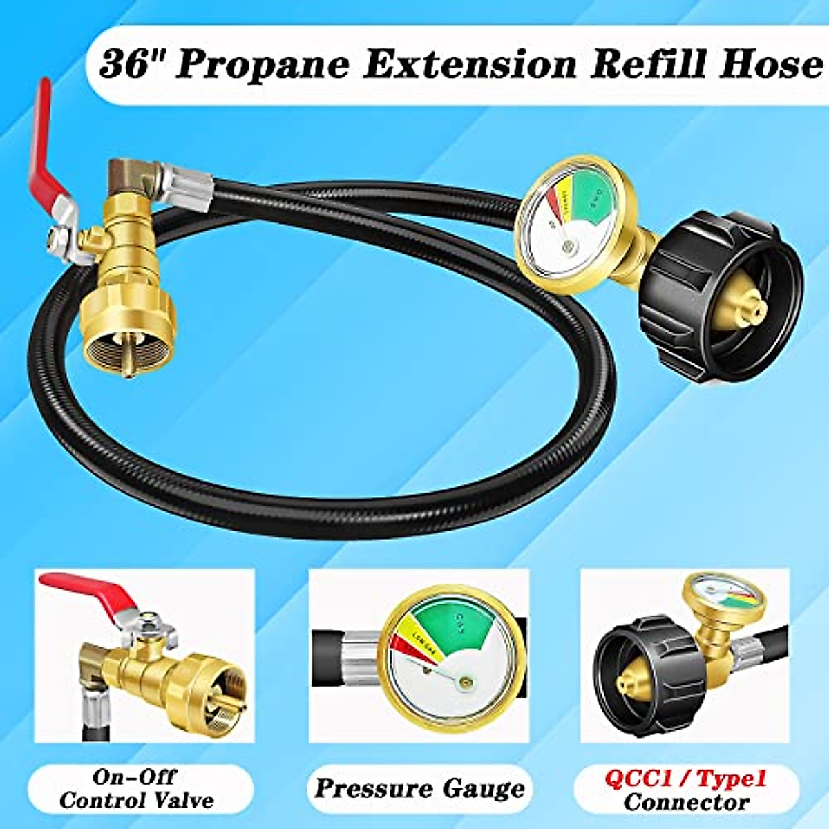 Upgraded Propane Refill Adapter Hose, 36" Propane Extension Refill Hose with Gauge, Shut off Valve, 1LB Propane Filling Hose Kit with 1 LB Propane Bottle Cap, Roll Sealing Tape (Rubber)