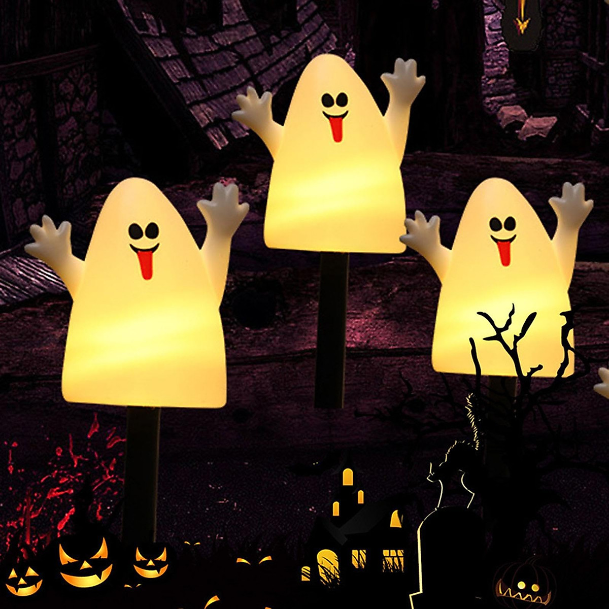 Ghost Yard Stakes, 2 Modes Halloween Decorative Stake Light, Halloween Ghost Led Stake Lights with 2 Lighting Modes, Solar Powered Led Ghost Lights, Light Up Halloween Decorations for Holiday Home
