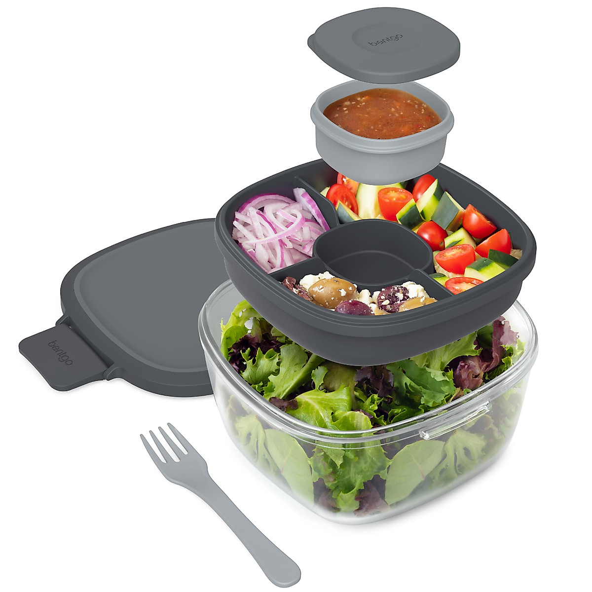 Bentgo® Glass - Leak-Proof Salad Container with Large 61-oz Salad Bowl, 4-Compartment Bento-Style Tray for Toppings, 3-oz Sauce Container for Dressings, and Built-In Reusable Fork (Dark Gray)