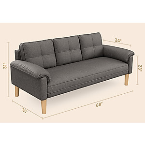Ahomly 3-Seater Couch, 69 Inch with Extra Deep Seat, Padded Armrests, Solid Wood Legs for Living Room, Dark Gray