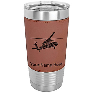 LaserGram 20oz Vacuum Insulated Tumbler Mug, Military Helicopter 1, Personalized Engraving Included (Faux Leather, Dark Brown)