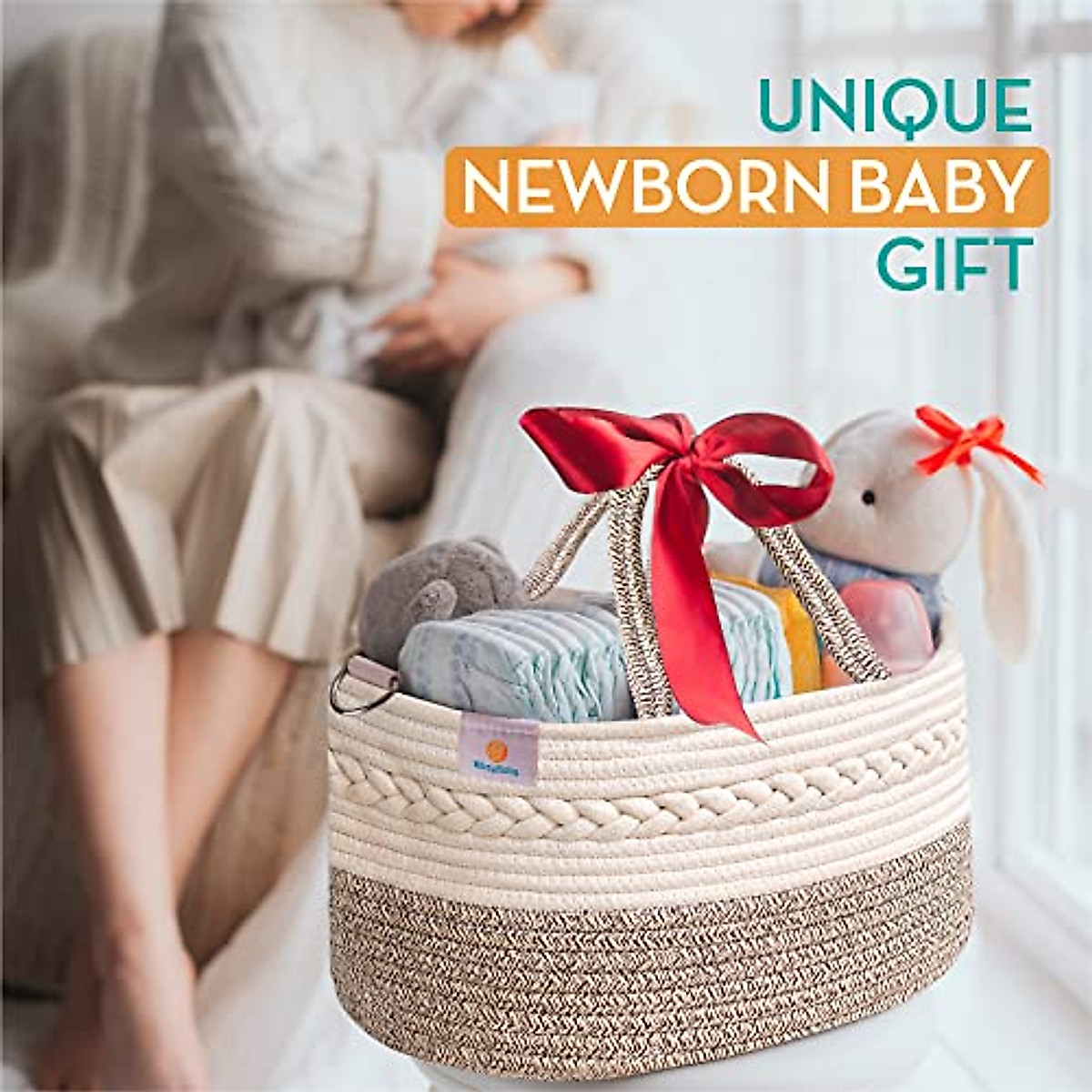 BIBSYBABY Diaper Caddy Baby Basket - 100% Cotton Rope Diaper Basket with 2 Pockets, Handle Locker and Removable Shoulder Strap - Baby Shower Bag & Baby Registry Must Haves, Brown