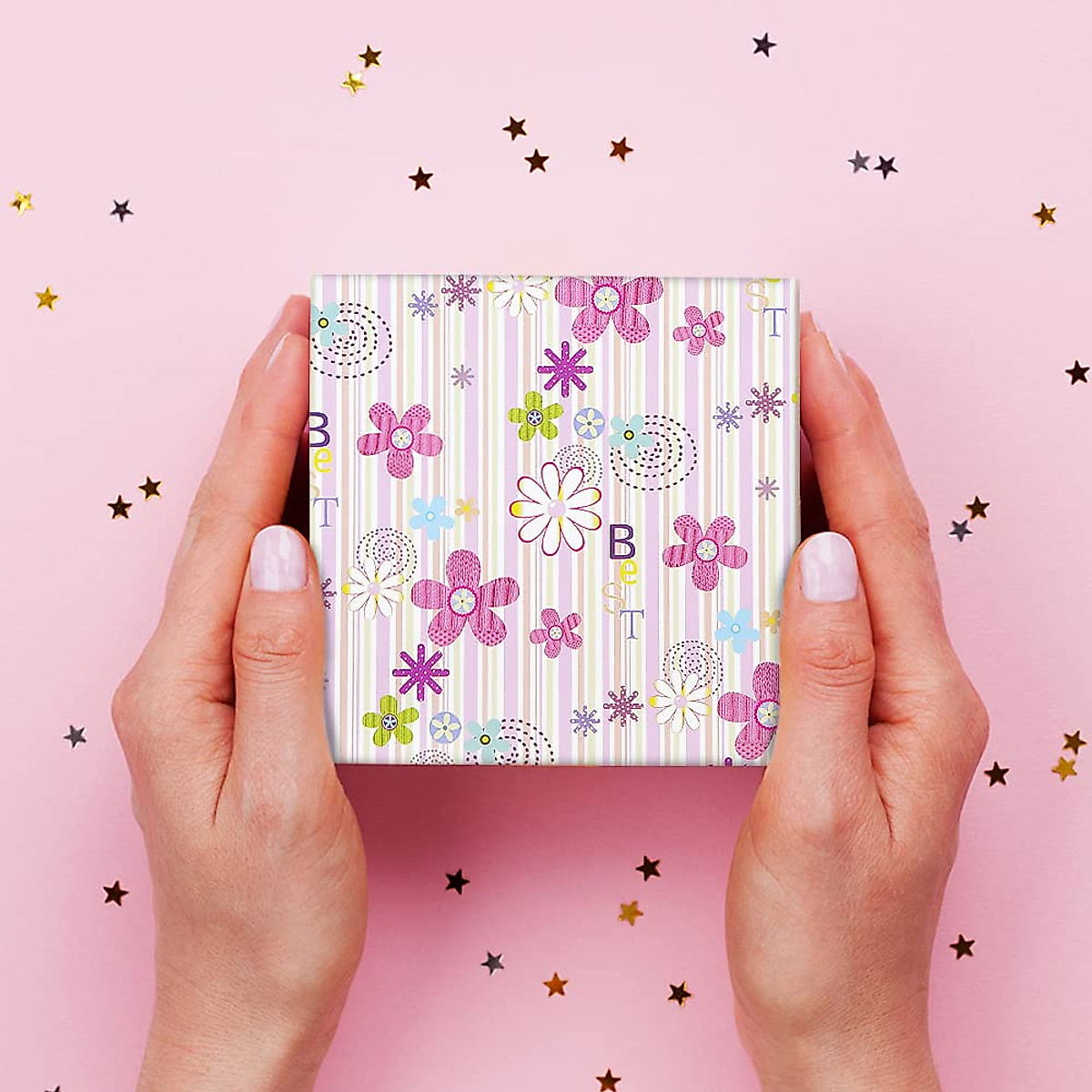 Little Flowers Floral Pink Wrapping Paper, Colorful Dasiy Flowers Print On The Striped Gift Wrap 4 Sheets For Kids Girls Boys Princess Wrapping Paper - Birthday Baby Shower Wedding Mother's Day and