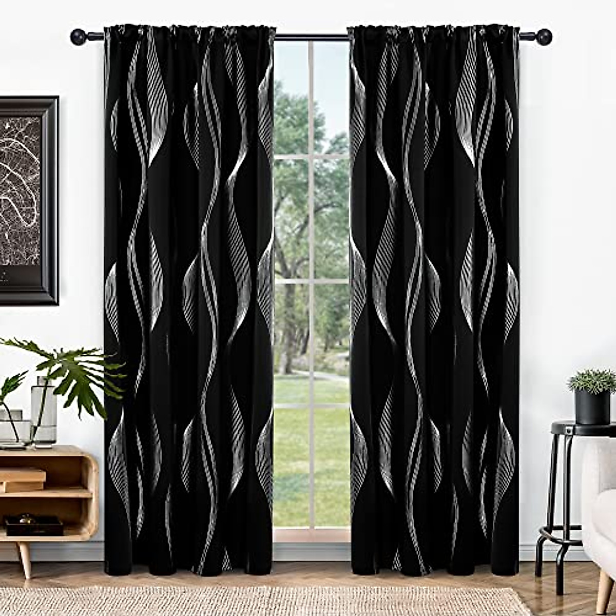 Deconovo Blackout Curtains for Bedroom, 90 Inch Curtains for Living Room, Silver Wave Foiled Rod Pocket and Back Tab Curtain, 52W x 90L, Black, 2 Panels