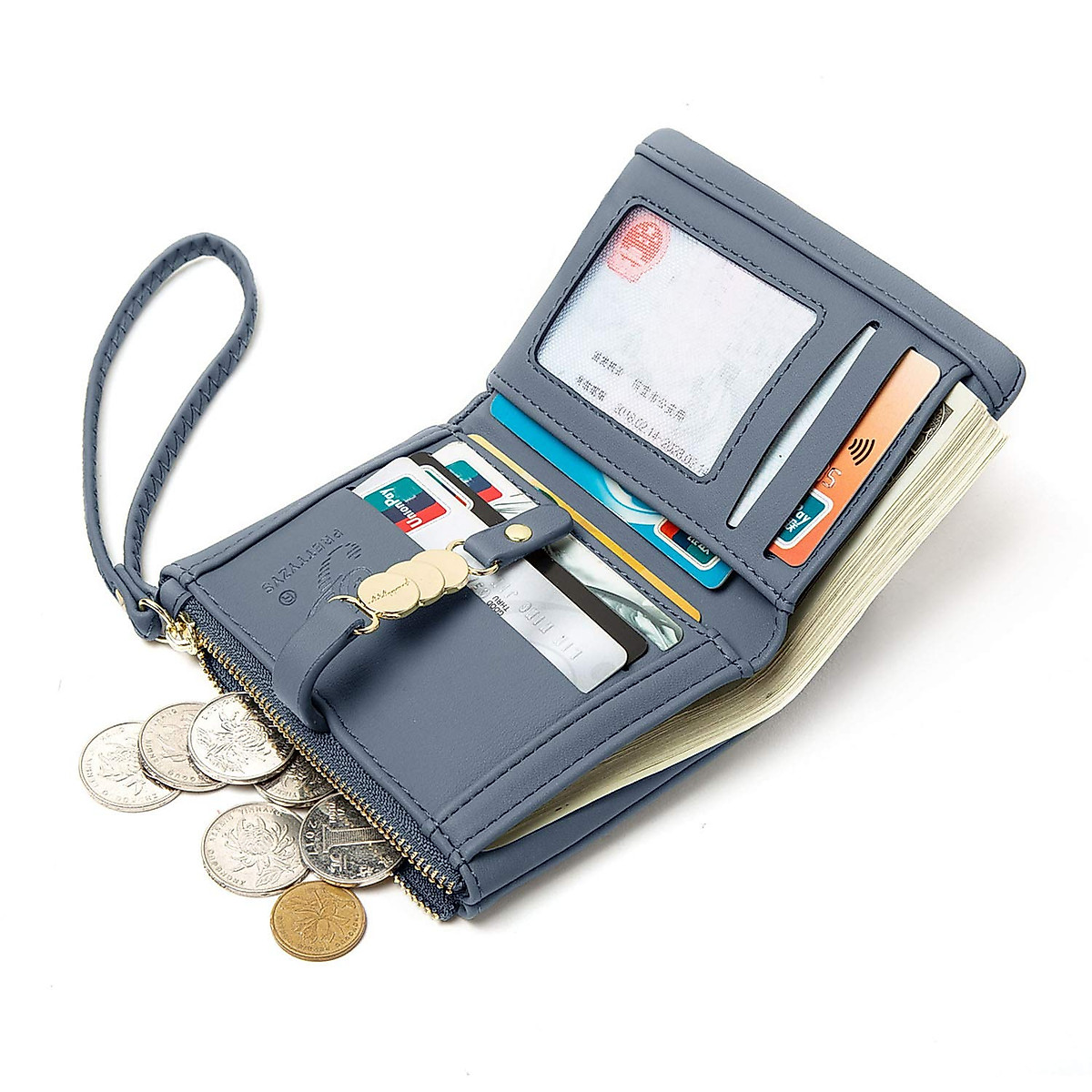 AOXONEL Womens Wallets Small Rfid Bifold Wristlet,Ladies Wallets for Card Coin,Change Purse with Wrist Strap (Blue)