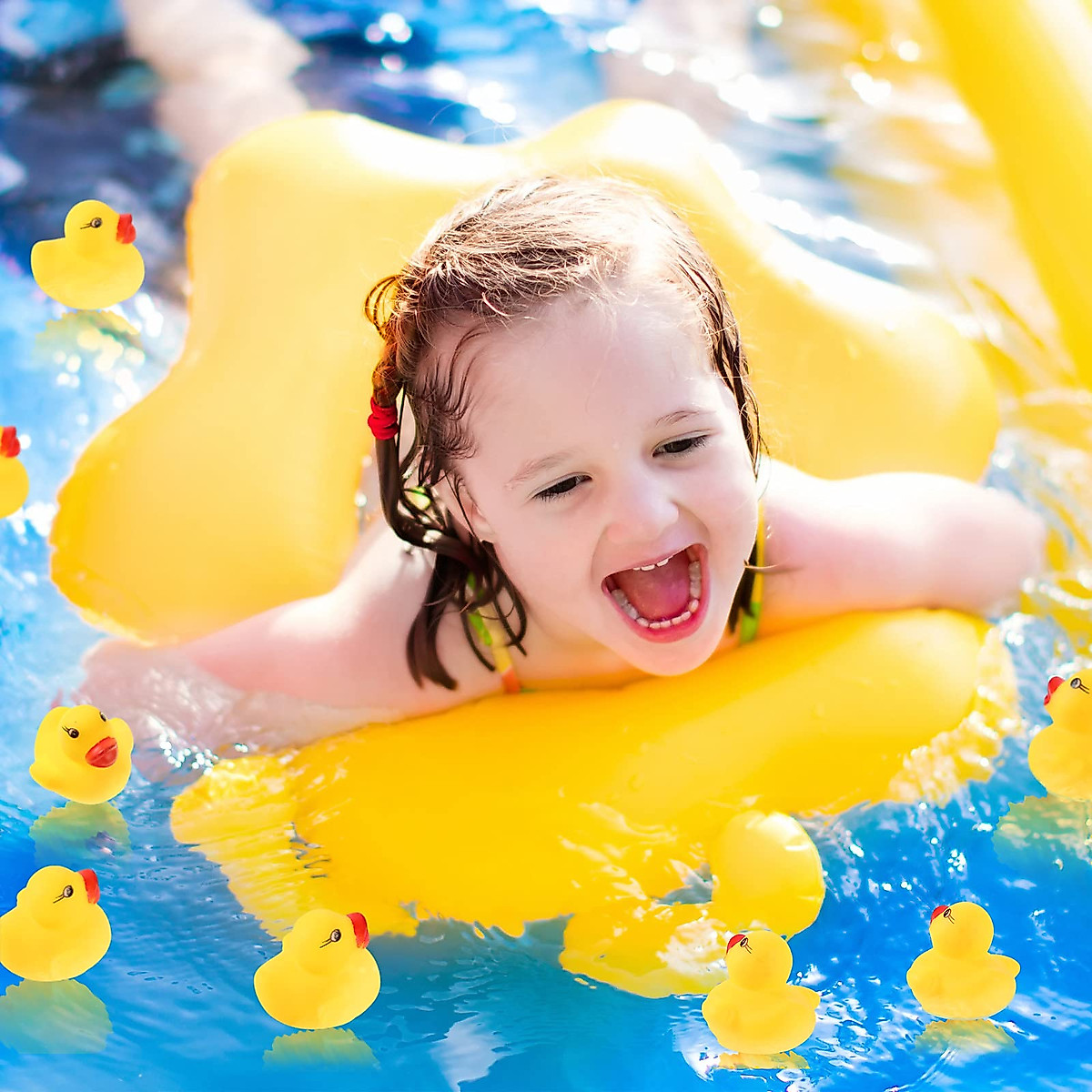 100 PCS Mini Rubber Duck Float Ducks Ribbon Bath Ducks Bulk Breast Pancreatic Cancer Mental Health Ducks Bathtub Toys Bulk Rubber Ducks for Cancer Awareness Pool Decorations(Funny,Yellow)
