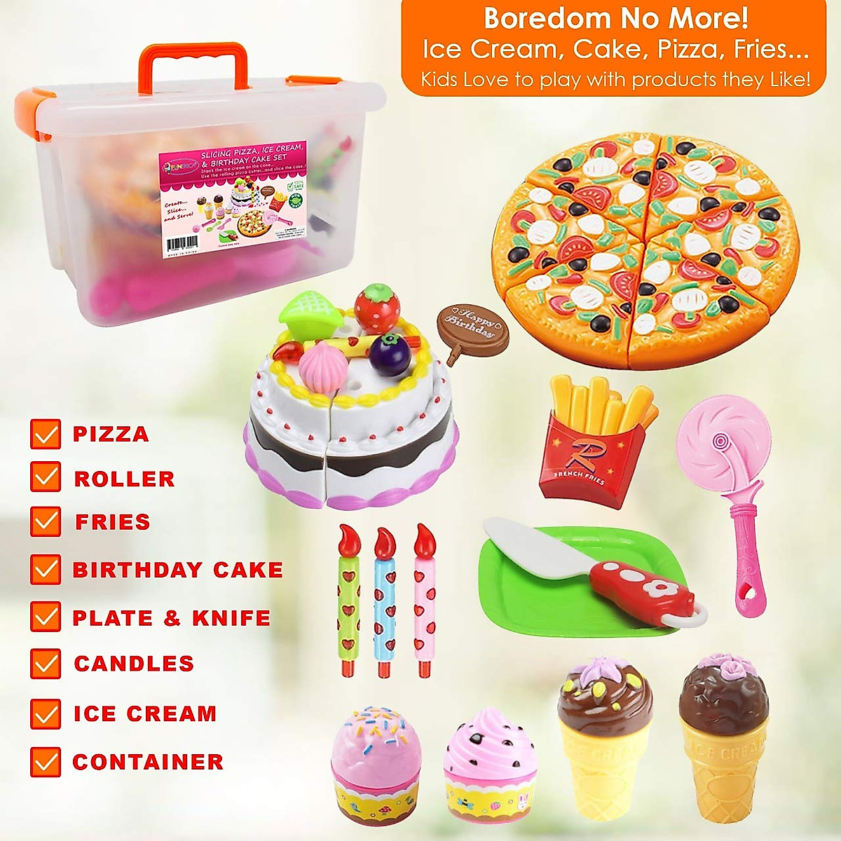 FUNERICA Play Food Goodies Set with Storage Box - Features Cutting Pizza, Ice Cream, Toy Birthday Cake, Fries, Dessert – Pretend Kitchen Toys for Toddlers, Boys, Girls