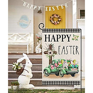 Happy Easter Garden Flag 12x18 Inch Double Sided Buffalo Plaid with Truck Cross Rabbit Eggs,Small Yard Flag for Outside Farmhouse Holiday Spring Outdoor Decor