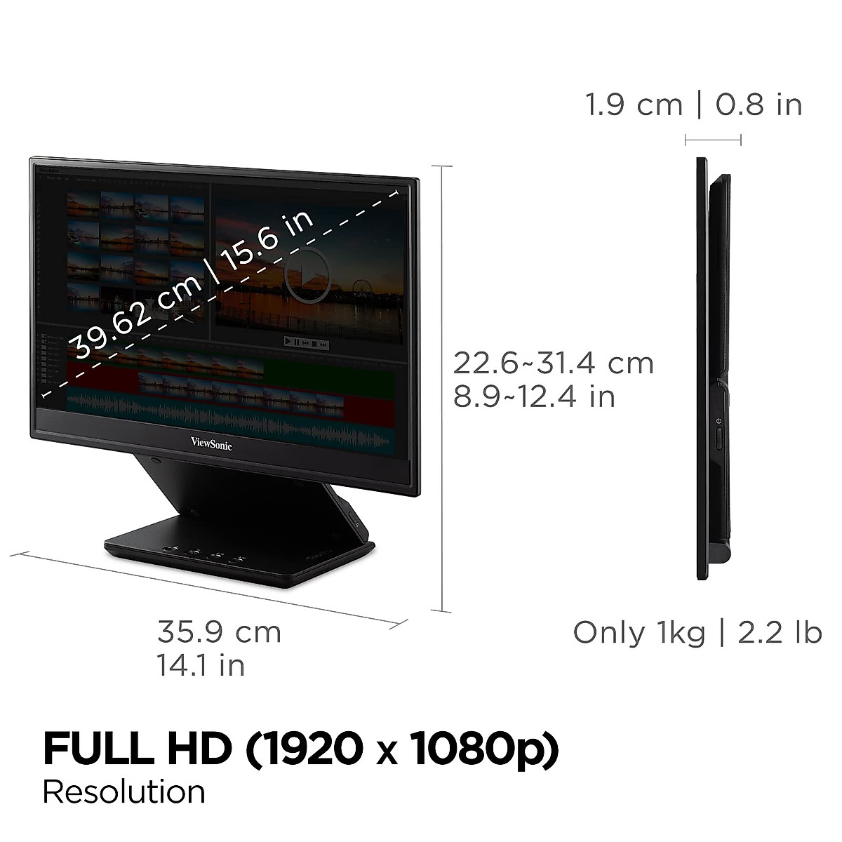 ViewSonic VP16-OLED 15.6 Inch 1080p Portable OLED Monitor with 2 Way Powered 40W USB C, Pantone Validated, Factory Calibrated, Built-in Ergonomic Stand with Protective Cover,Black