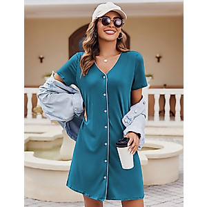 Ekouaer Nightgowns for Women 2 Pack Button Down Sleepshirt Short Sleeve Nightshirt Soft Sleepwear V Neck Pajama Dress Blue Green/Pink Floral L