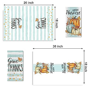 Seliem Thanksgiving Give Thanks Fall Kitchen Dish Towels Set of 2, Happy Harvest Autumn Pumpkin Hand Towels Drying Baking Cooking Cloth, Maple Leaves Stripes Farmhouse Home Kitchen Decor 18x26 Inch