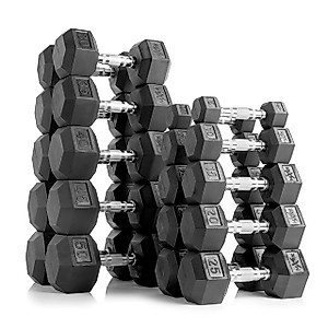 XMARK Dumbbell Pair Weight Sets, 10 Pair of Dumbbell Hand Weights, 5 lbs to 50 lbs Rubber Hex Dumbbell Pairs, Complete with Dumbbell Storage Rack for an Organized Home Gym